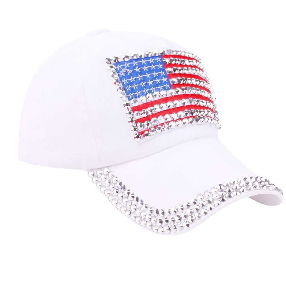 CRUOXIBB USA Bling Baseball Cap Sparkle American Flag Hat for Women Men Hip Hop Caps (White Cap a)