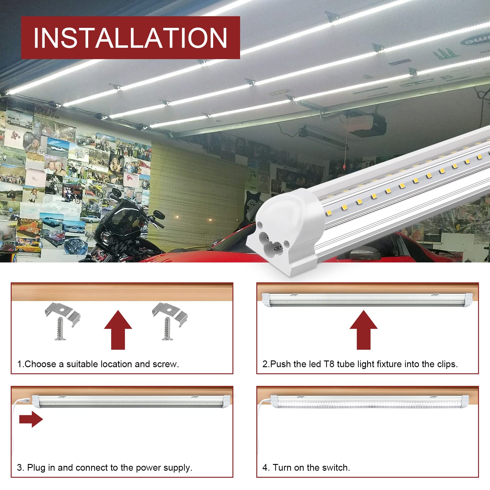 Kihung (12-Pack) 8FT LED Shop Light Fixture, 75W, 9750LM, 6000K, 96'' T8 Tube Light, 8 Foot Linkable LED Bulbs for Garage, Warehouse, V Shape, 8’ LED Strip, Clear Lens, Hardwired Installation