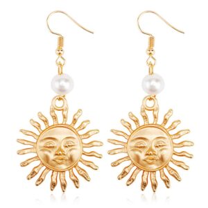 sterling silver & gold plated 14k emoji smile face big sun charm with pearl women dangle earrings (gold)