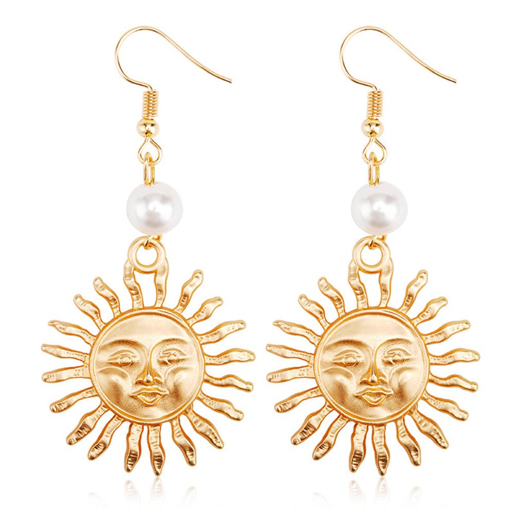 Sterling Silver & Gold Plated 14k Emoji Smile Face Big Sun Charm With Pearl Women Dangle Earrings (Gold)