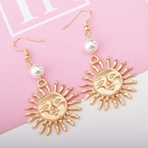 Sterling Silver & Gold Plated 14k Emoji Smile Face Big Sun Charm With Pearl Women Dangle Earrings (Gold)