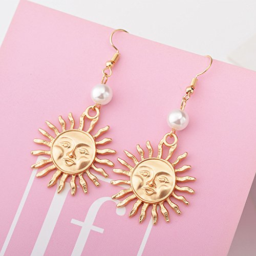 Sterling Silver & Gold Plated 14k Emoji Smile Face Big Sun Charm With Pearl Women Dangle Earrings (Gold)