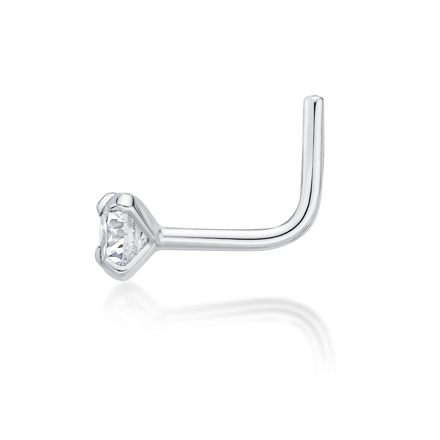 Lavari Jewelers 22 Gauge L-Shape Nose Ring for Women I 3 mm Cubic Zirconia Nose Ring for Her I 14k White Gold Nose Ring I CZ Unisex Stud Hypoallergenic Nostril Piercing Jewelry I 22G Body Piercing