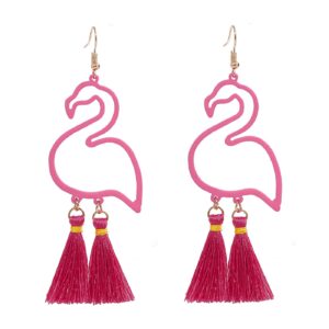 HSWE Flamingo Drop Earrings Tassel Dangle Earrings Thread Earrings Hawaiian Summer Jewelry (Rose Red)