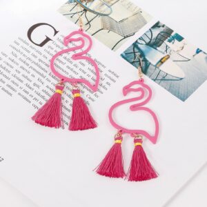 HSWE Flamingo Drop Earrings Tassel Dangle Earrings Thread Earrings Hawaiian Summer Jewelry (Rose Red)