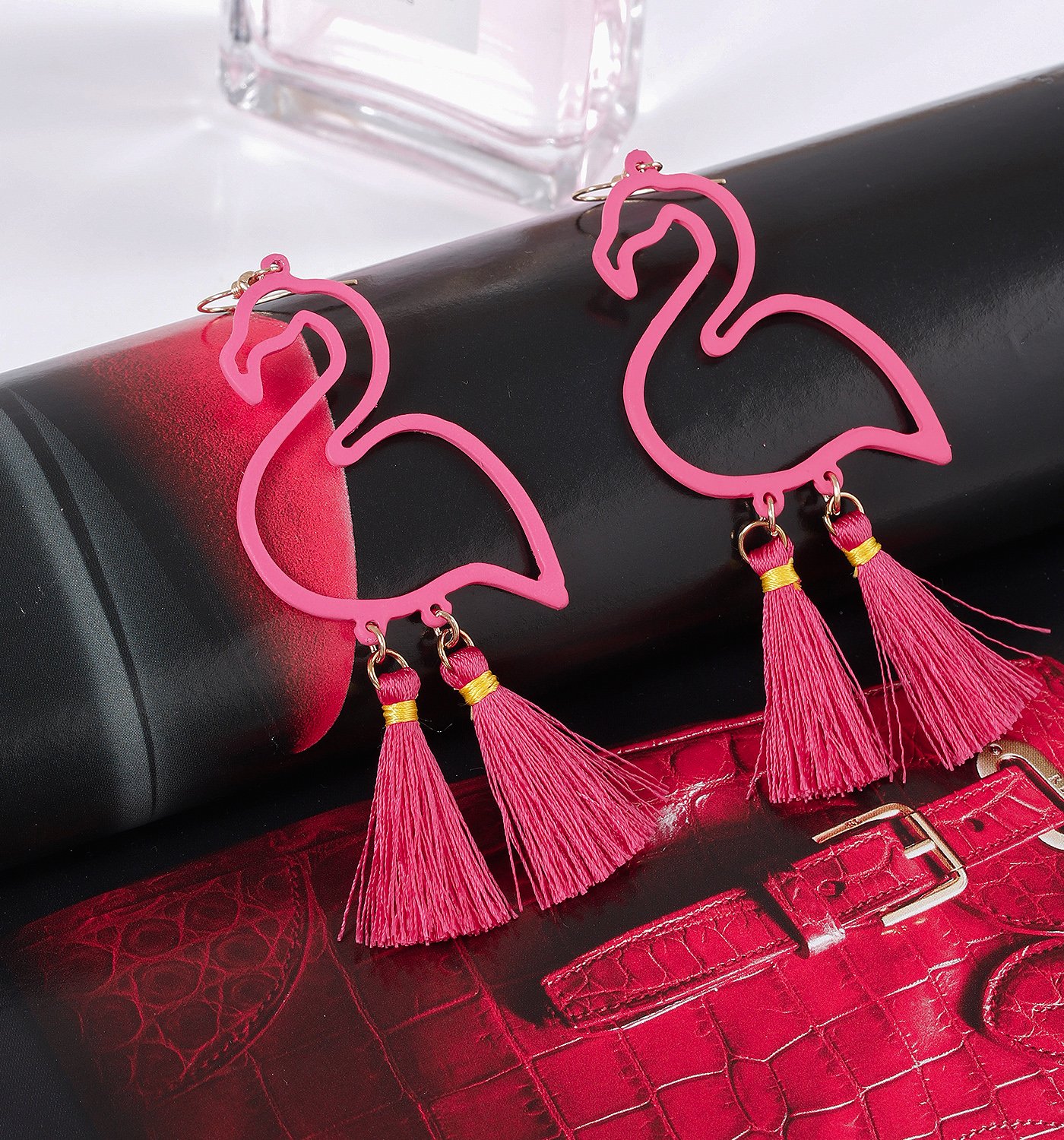 HSWE Flamingo Drop Earrings Tassel Dangle Earrings Thread Earrings Hawaiian Summer Jewelry (Rose Red)