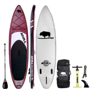 atoll inflatable paddle board with premium sup stand up paddle board accessories & back pack, non-slip comfort deck for unisex adult - 11ft (burgundy)