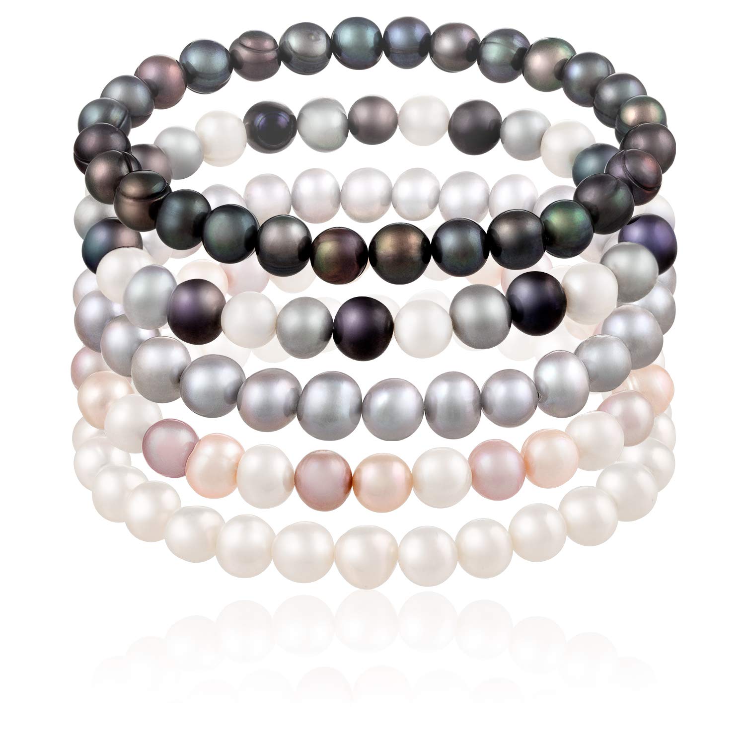 SPLENDID PEARLS Set Of 5 Genuine Freshwater Cultured 7mm Multicolored Pearl Stretch Bracelets 7.5"