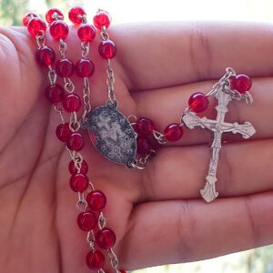 Nazareth Store Red Glass Beads Rosary Catholic Necklace Prayer Miraculous Medal Cross Holy Land Religious Gifts for Women and Men