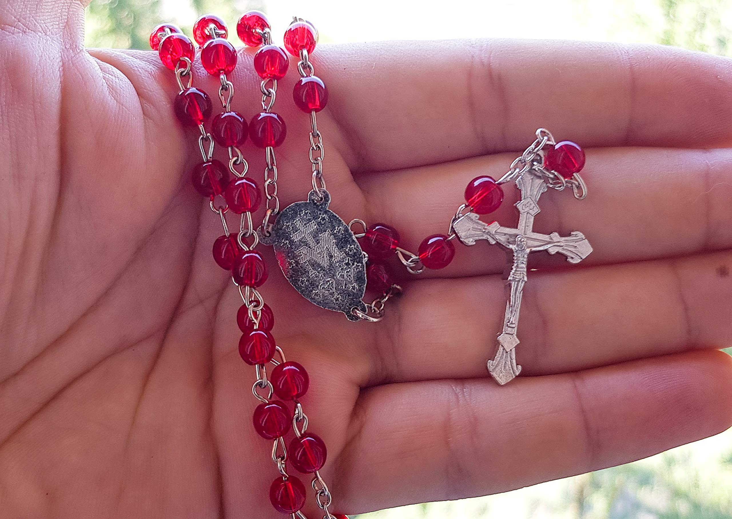 Nazareth Store Red Glass Beads Rosary Catholic Necklace Prayer Miraculous Medal Cross Holy Land Religious Gifts for Women and Men