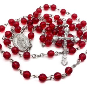 Nazareth Store Red Glass Beads Rosary Catholic Necklace Prayer Miraculous Medal Cross Holy Land Religious Gifts for Women and Men