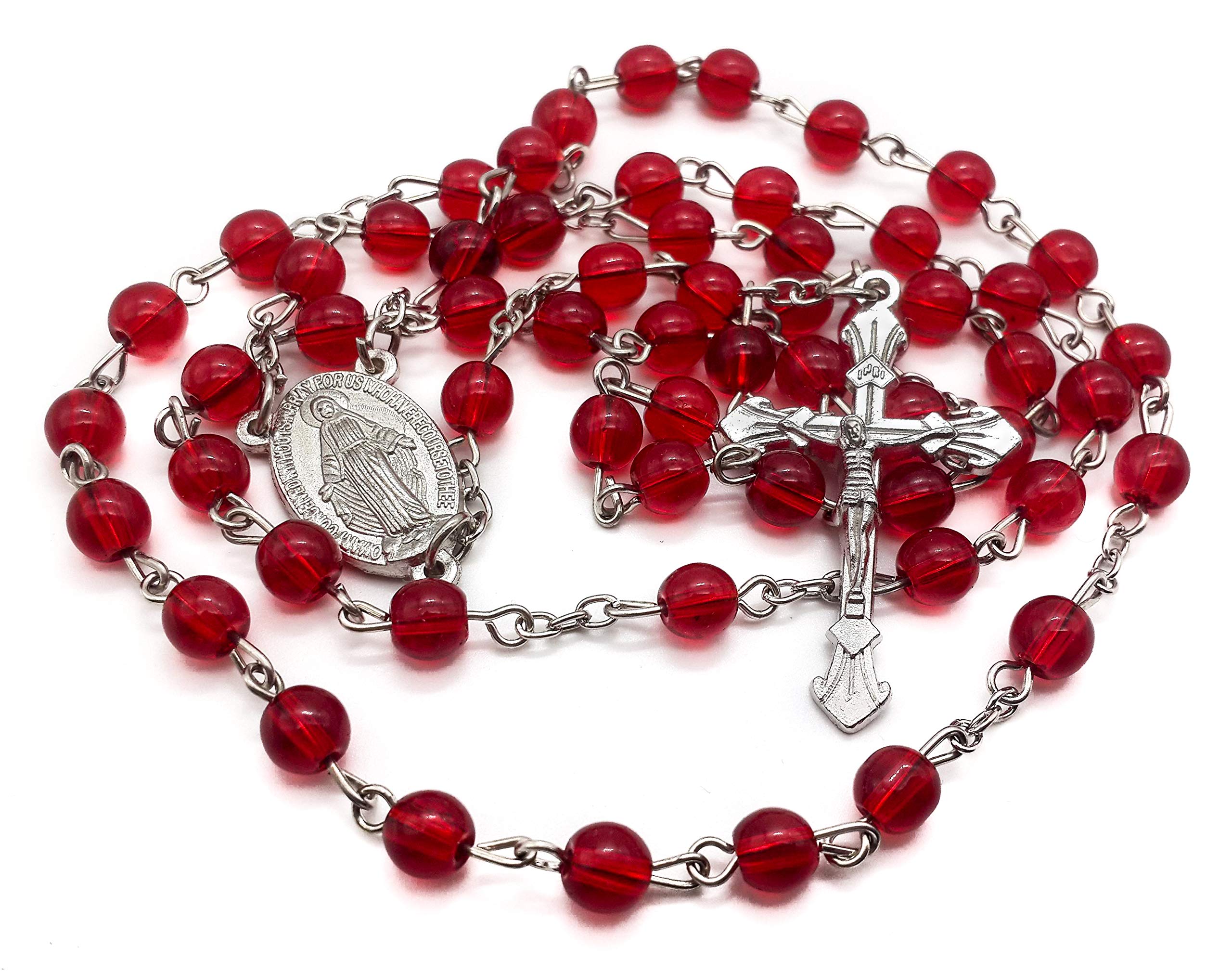 Nazareth Store Red Glass Beads Rosary Catholic Necklace Prayer Miraculous Medal Cross Holy Land Religious Gifts for Women and Men