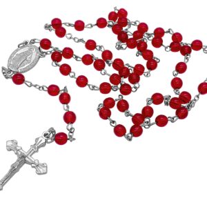 Nazareth Store Red Glass Beads Rosary Catholic Necklace Prayer Miraculous Medal Cross Holy Land Religious Gifts for Women and Men