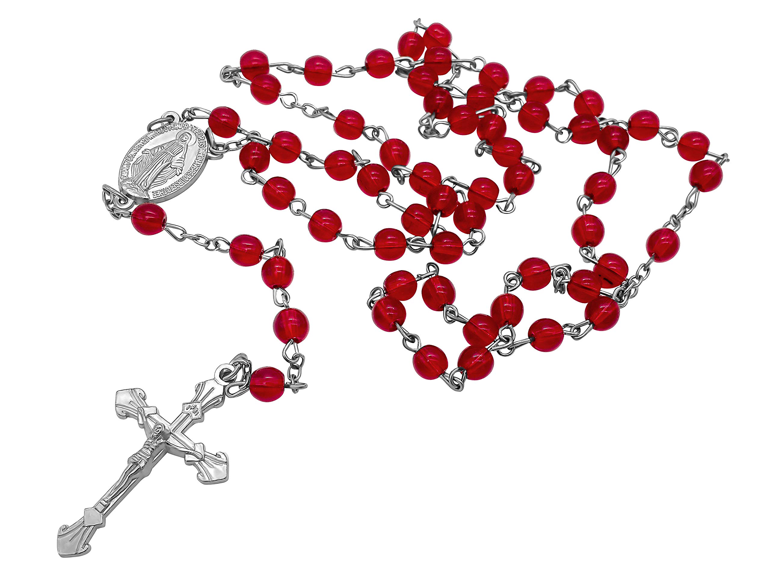 Nazareth Store Red Glass Beads Rosary Catholic Necklace Prayer Miraculous Medal Cross Holy Land Religious Gifts for Women and Men