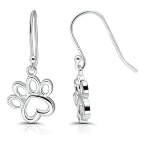 hoops & loops 925 sterling silver puppy dog cat pet paw print love heart drop dangle hook earrings for women men teen girls (silver)