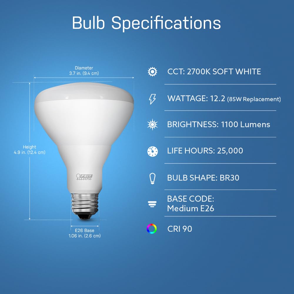 Feit Electric BR30 LED Light Bulbs, 85W Equivalent, High Output, Indoor Flood Lights, 1100 Lumens, Dimmable, 2700k Soft White, E26 Base Recessed Can Light Bulbs, 2 Pack, BR30DMHO/927CA/2