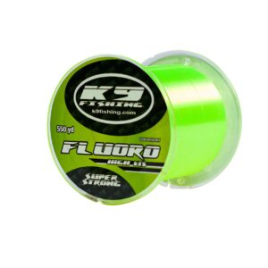 k9 hi-vis fluoro fishing line — ultra low-memory, abrasion resistant, long-casting — glow under black light, chartreuse — virtually invisible underwater — great for spinning reels — 550 yards, 6lb