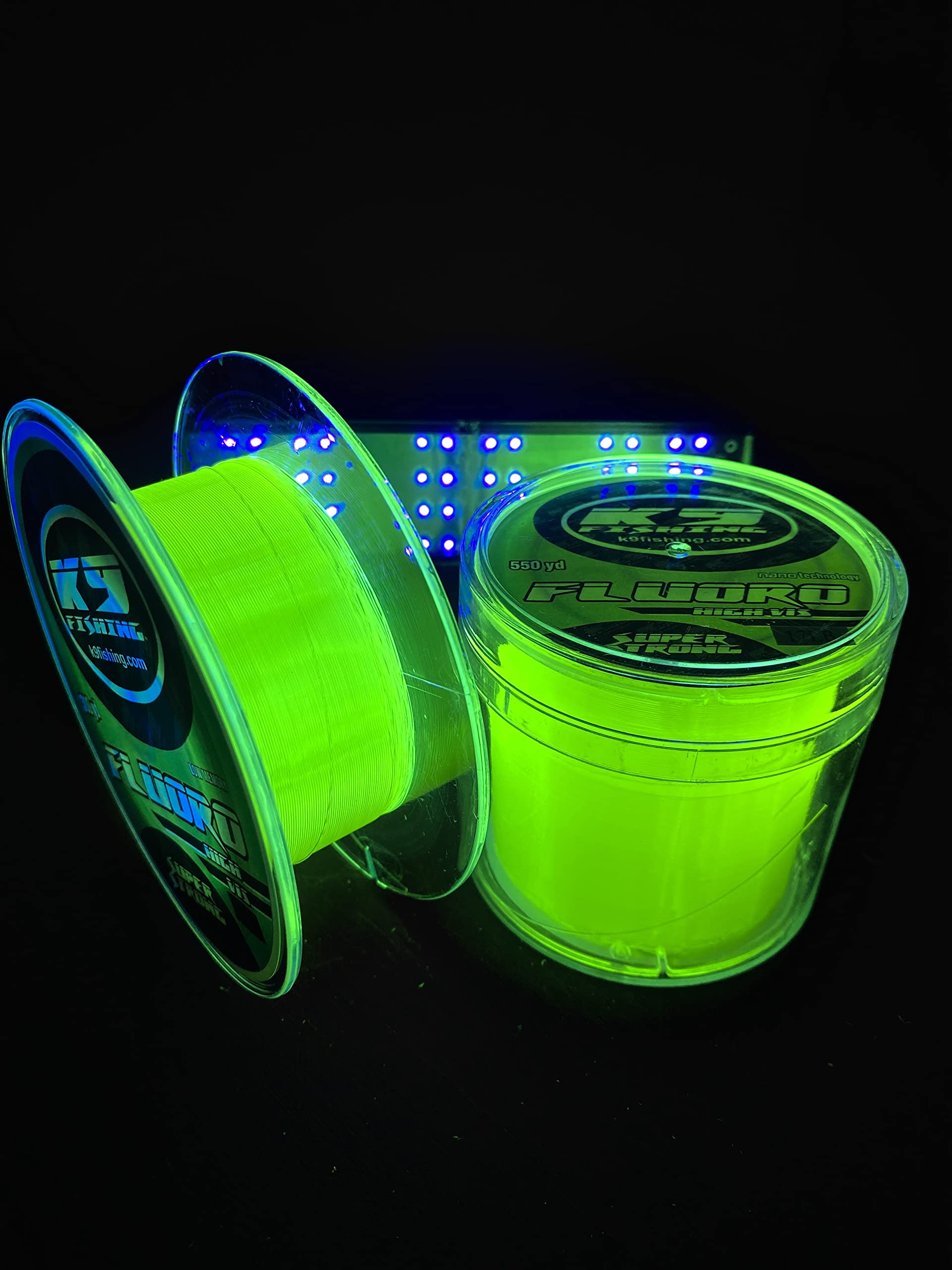 K9 Hi-Vis Fluoro Fishing Line — Ultra Low-Memory, Abrasion Resistant, Long-Casting — Glow Under Black Light, Chartreuse — Virtually Invisible Underwater — Great for Spinning Reels — 550 Yards, 6lb