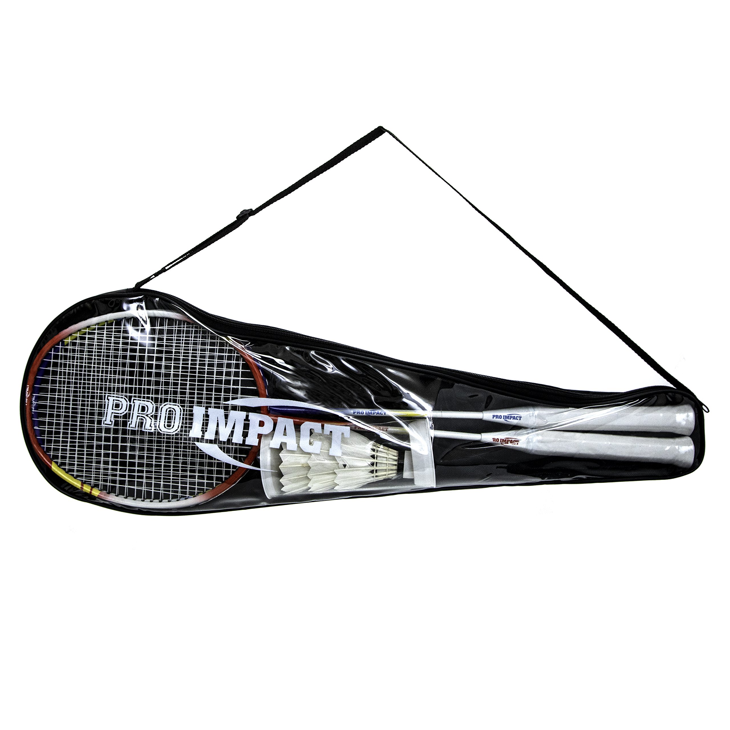 Pro Impact Badminton Racket Set - Aluminum Head with Steel Shaft - Includes Lightweight Rackets & Feather Shuttlecocks with Carrying Case - Outdoor Games for Adults and Family