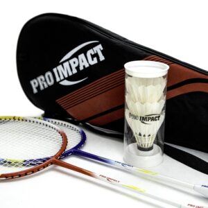 Pro Impact Badminton Racket Set - Aluminum Head with Steel Shaft - Includes Lightweight Rackets & Feather Shuttlecocks with Carrying Case - Outdoor Games for Adults and Family