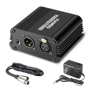 aokeo 1-channel 48v phantom power supply with adapter, bonus+xlr 3 pin microphone cable for any condenser microphone music recording equipment