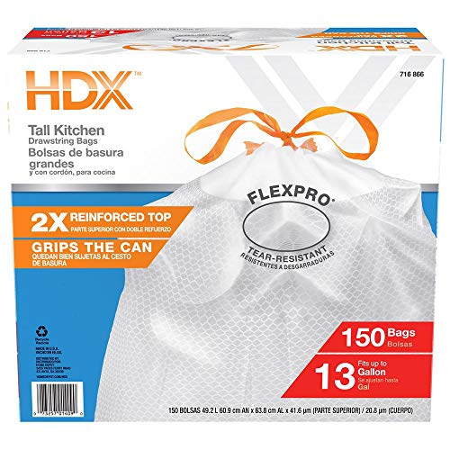 HDX 13 Gal. FlexPro Reinforced Top Drawstring Kitchen Bags (150-Count)