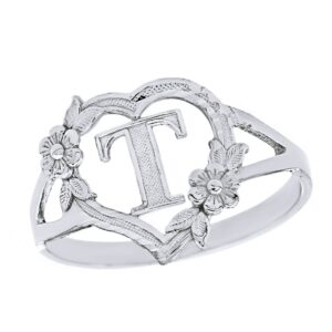 calirosejewelry 14k initial alphabet personalized heart ring in white gold (size 4.25) - letter t