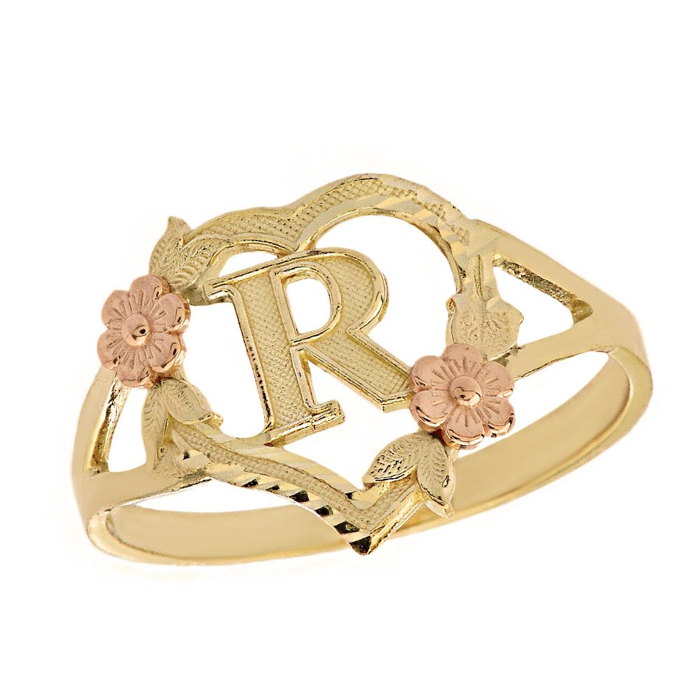 CaliRoseJewelry 14k Two-Tone Initial Alphabet Personalized Heart Ring in Yellow and Rose Gold (Size 8) - Letter R