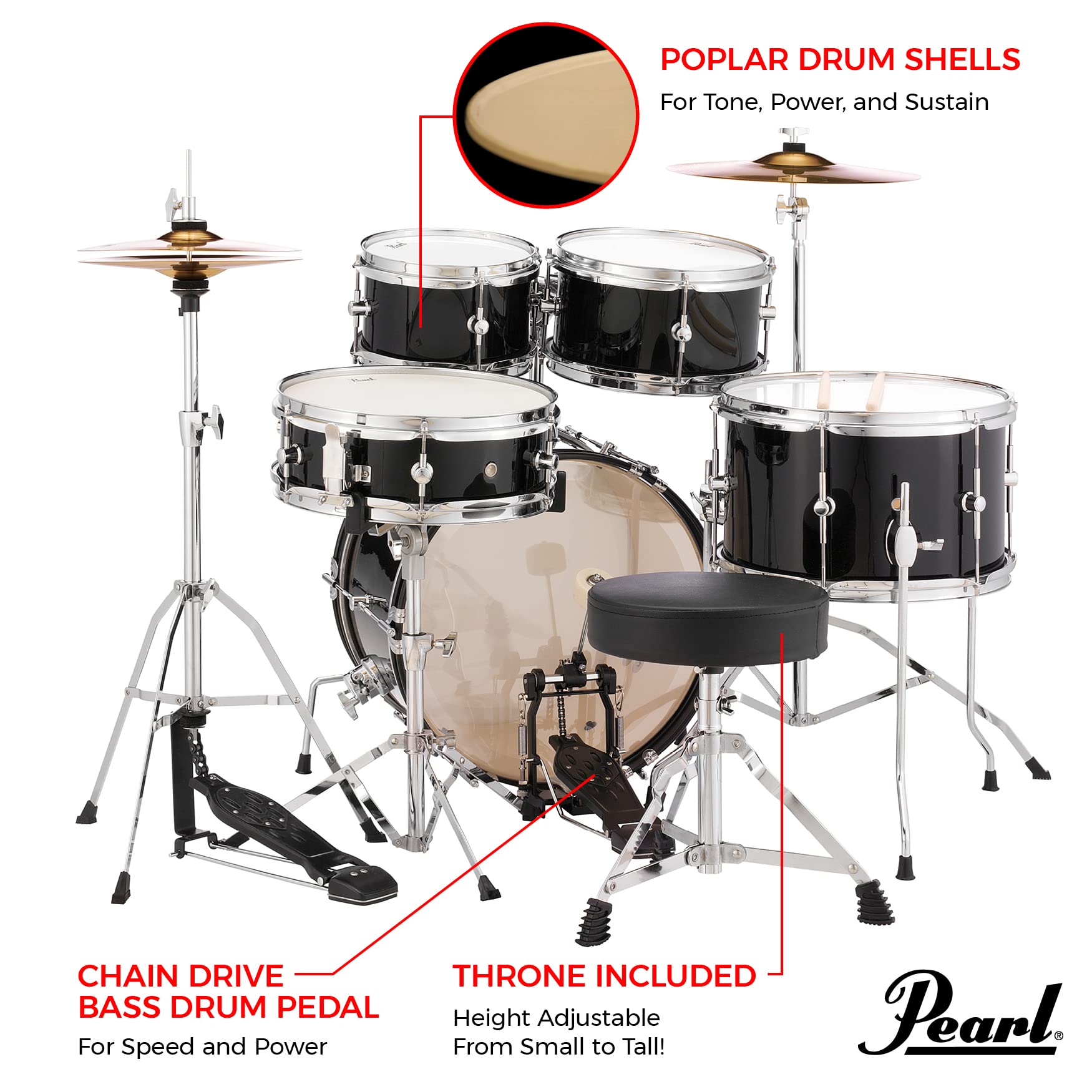 Pearl Roadshow Jr. 5 Piece Drum Set with Hardware and Cymbals, Gindstone Sparkle (RSJ465C/C708)