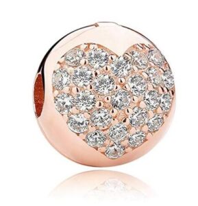 pink cherry blossom cz clip 925 sterling silver bead love heart charm clip charm lock stopper charm spacer charm for pandora charms bracelet (rose gold love charms)