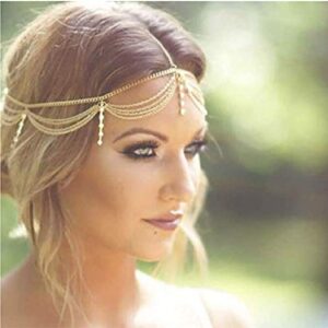 Denifery Gold Rhinestone Wedding Bridal Prom Bohemian Boho Grecian Head Chain Hair Jewelry Head Piece Bollywood Bride Glamorous