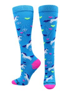 madsportsstuff peace love unicorn over the calf socks (electric blue/neon pink, small)