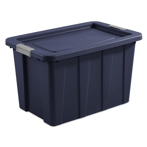 Sterilite 30 Gal Latching Tuff1 Storage Tote, Stackable Bin with Latch Lid, Plastic Container to Organize Garage, Basement, Blue Base and Lid, 4-Pack