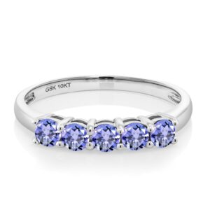 gem stone king 10k white gold blue tanzanite 5 stone wedding engagement anniversary promise ring for women (0.60 cttw, round 3mm, gemstone december birthstone, available in size 5, 6, 7, 8, 9)