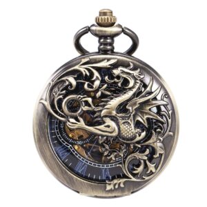 manchda mens antique skeleton mechanical pocket watch dragon hollow hunter with chain and box