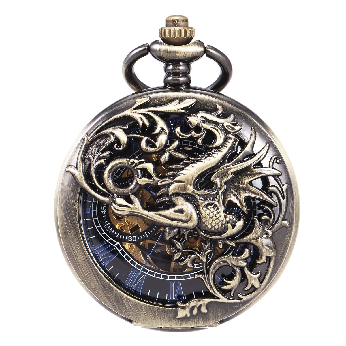 ManChDa Mens Antique Skeleton Mechanical Pocket Watch Dragon Hollow Hunter with Chain and Box