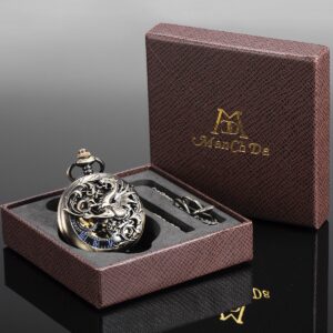 ManChDa Mens Antique Skeleton Mechanical Pocket Watch Dragon Hollow Hunter with Chain and Box