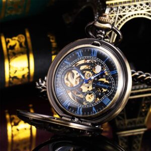 ManChDa Mens Antique Skeleton Mechanical Pocket Watch Dragon Hollow Hunter with Chain and Box