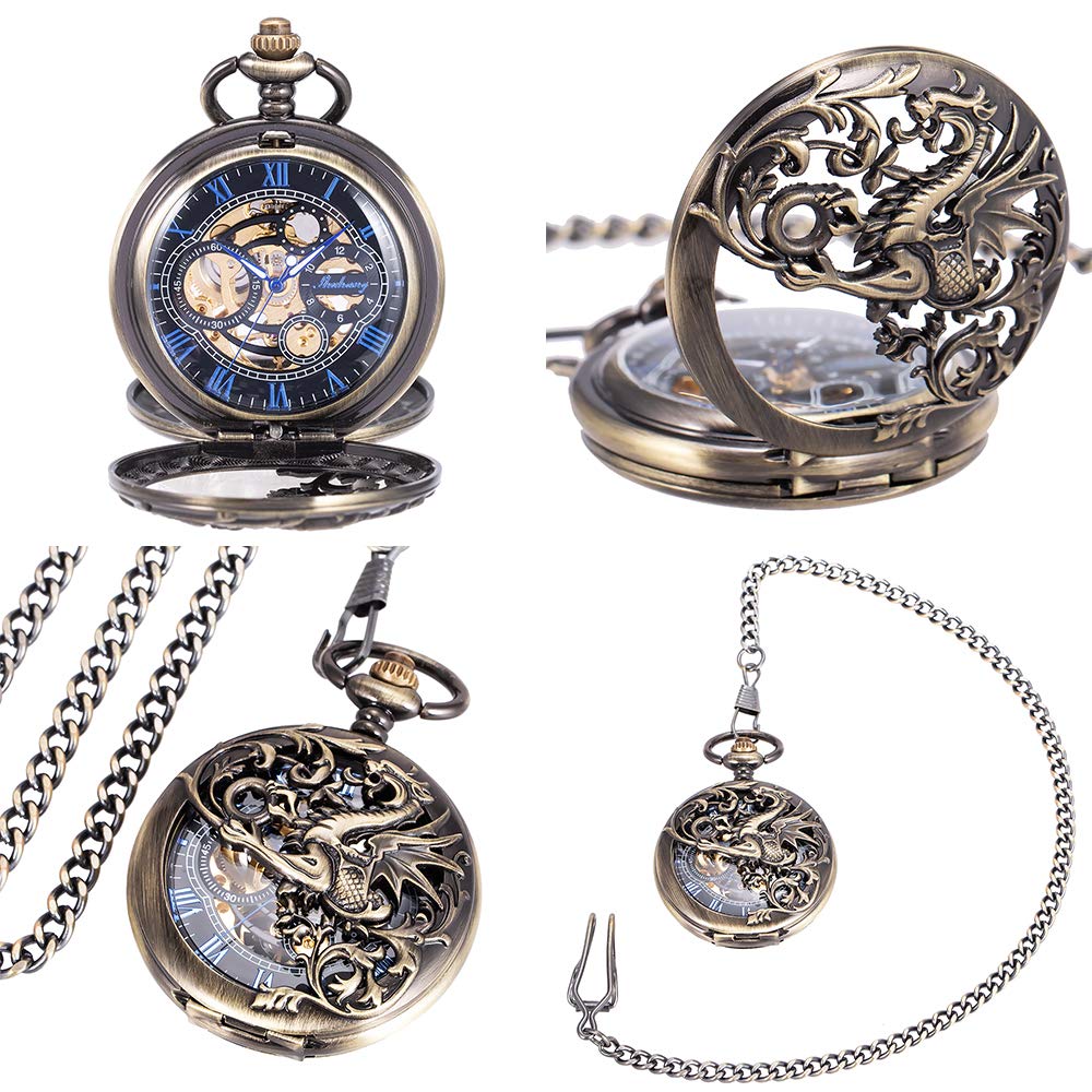 ManChDa Mens Antique Skeleton Mechanical Pocket Watch Dragon Hollow Hunter with Chain and Box