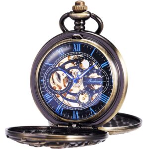 ManChDa Mens Antique Skeleton Mechanical Pocket Watch Dragon Hollow Hunter with Chain and Box