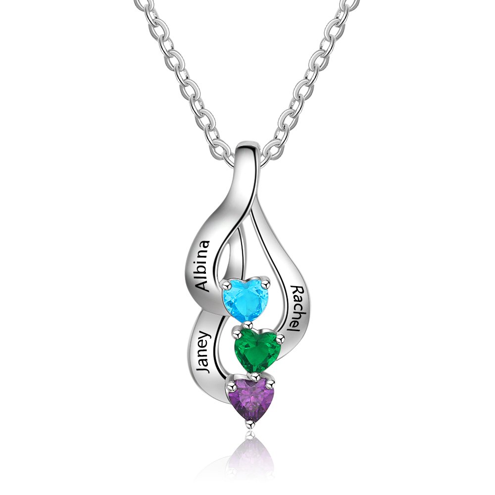 Personalized Sterling Silver 3 Heart Simulated Birthstone Mothers Pendant Necklace with Names Engraved Pendant Family Necklace for Women (3 Names)