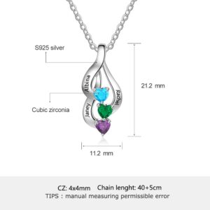 Personalized Sterling Silver 3 Heart Simulated Birthstone Mothers Pendant Necklace with Names Engraved Pendant Family Necklace for Women (3 Names)