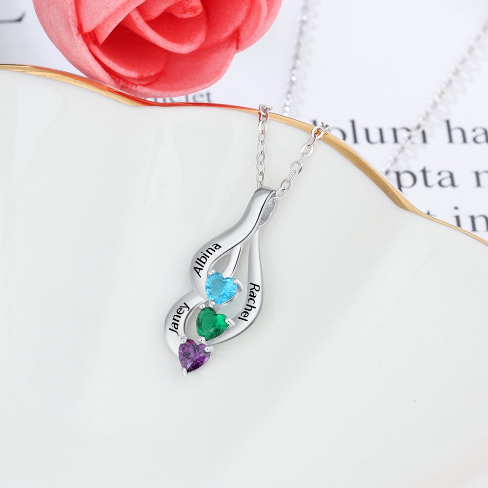 Personalized Sterling Silver 3 Heart Simulated Birthstone Mothers Pendant Necklace with Names Engraved Pendant Family Necklace for Women (3 Names)