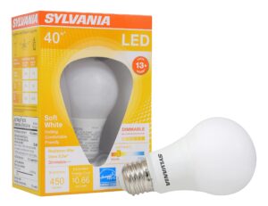 sylvania a19 led light bulb, 5.5w, 40w equivalent, 13 year, dimmable, 450 lumens. 2700k, soft white - 1 pack (74688)