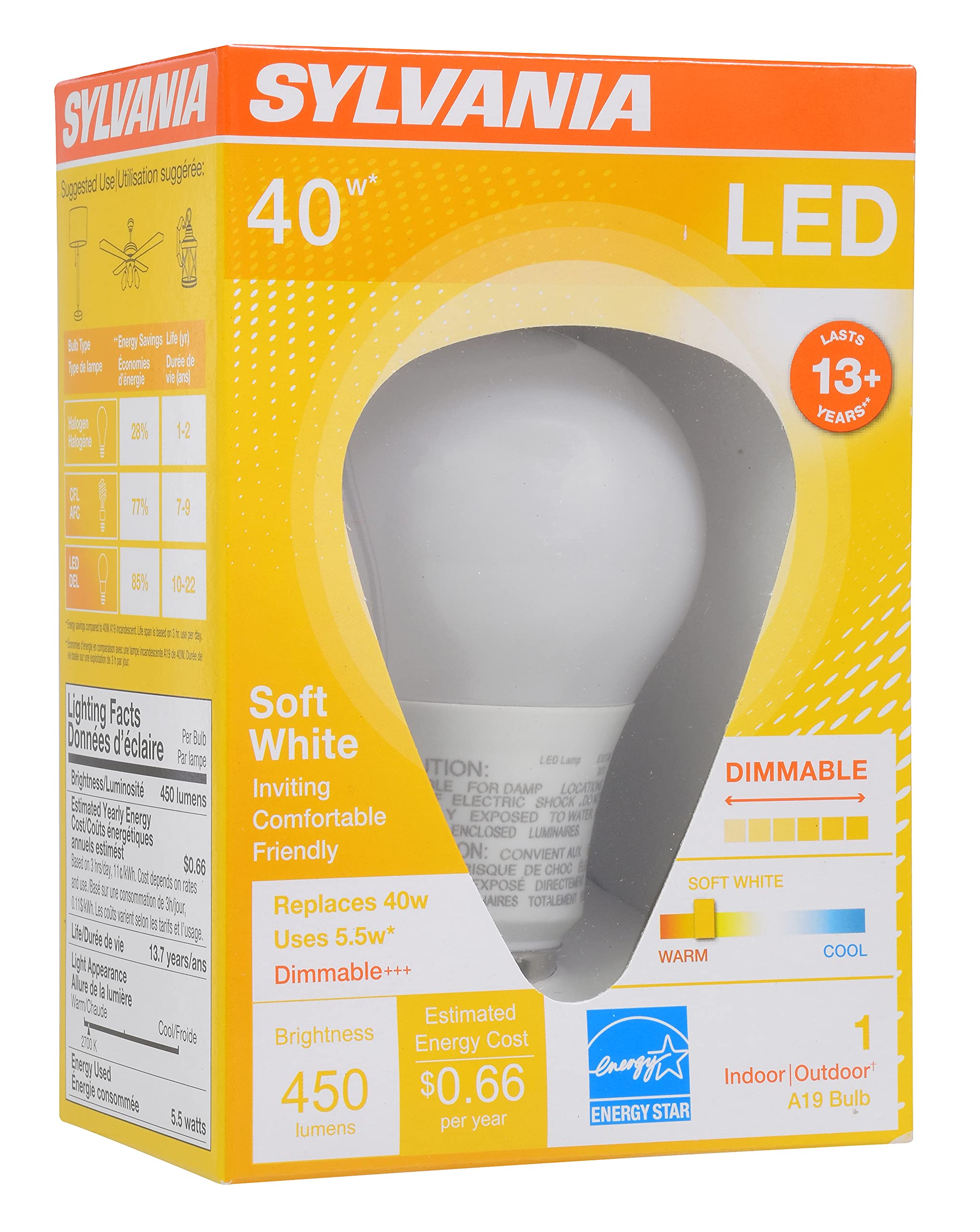 SYLVANIA A19 LED Light Bulb, 5.5W, 40W Equivalent, 13 Year, Dimmable, 450 Lumens. 2700K, Soft White - 1 Pack (74688)