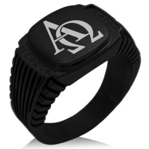 black ip plated stainless steel alpha & omega symbol engraved black cubic zirconia ribbed needle stripe pattern biker style polished ring, size 12