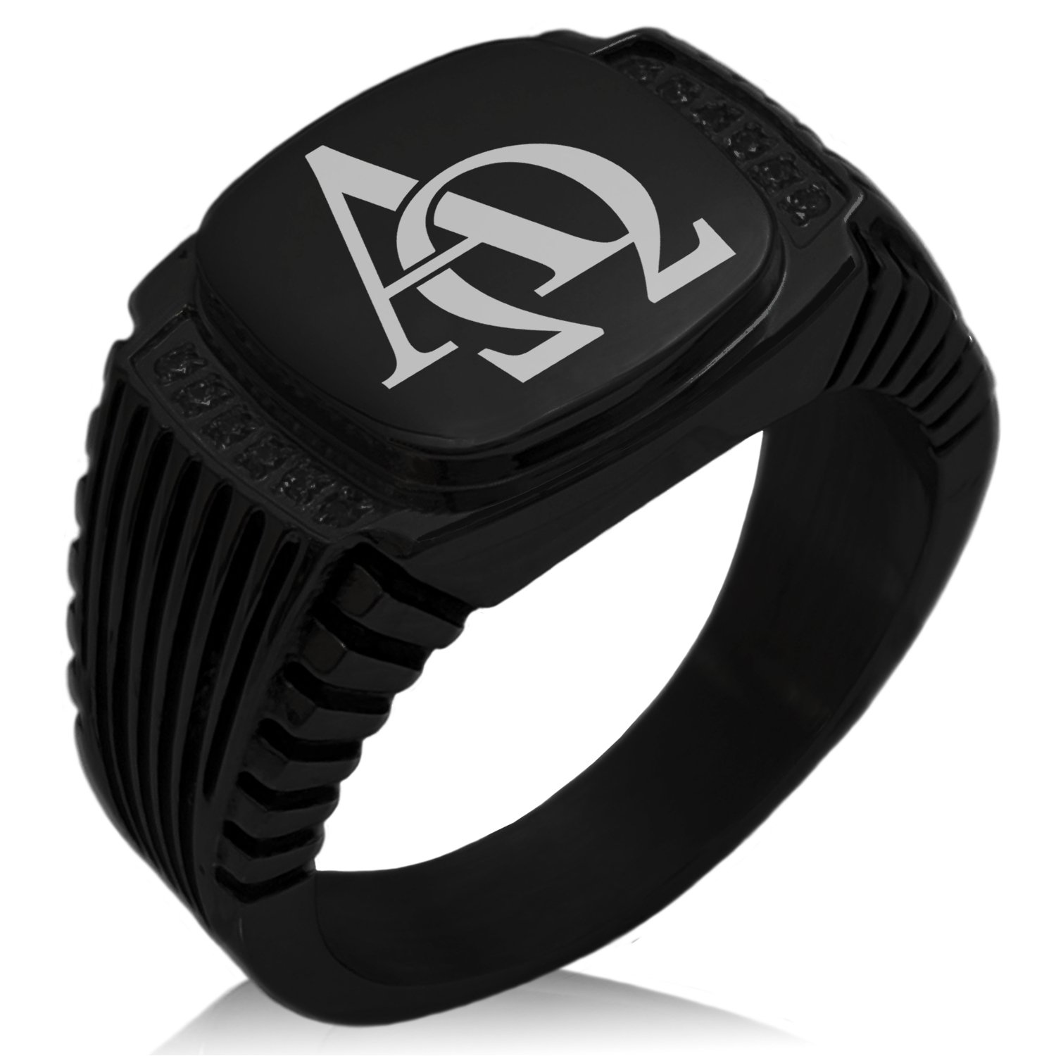 Black IP Plated Stainless Steel Alpha & Omega Symbol Engraved Black Cubic Zirconia Ribbed Needle Stripe Pattern Biker Style Polished Ring, Size 12