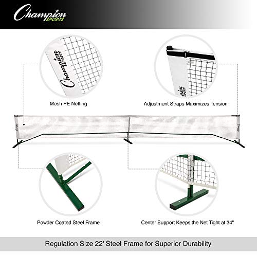 Champion Sports Portable Pickleball Net: Regulation Size Pickle Ball Net System - Easy Assembly Pickleball Nets with Carry Bag - 22’ Wide x 36” Tall