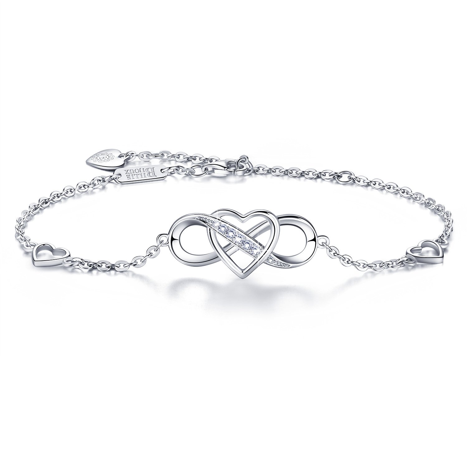 Billie Bijoux Women 925 Sterling Silver Infinity Bracelet Forever Love” Infinity Heart White Gold Plated Diamond Adjustable Bracelet Best Gifts