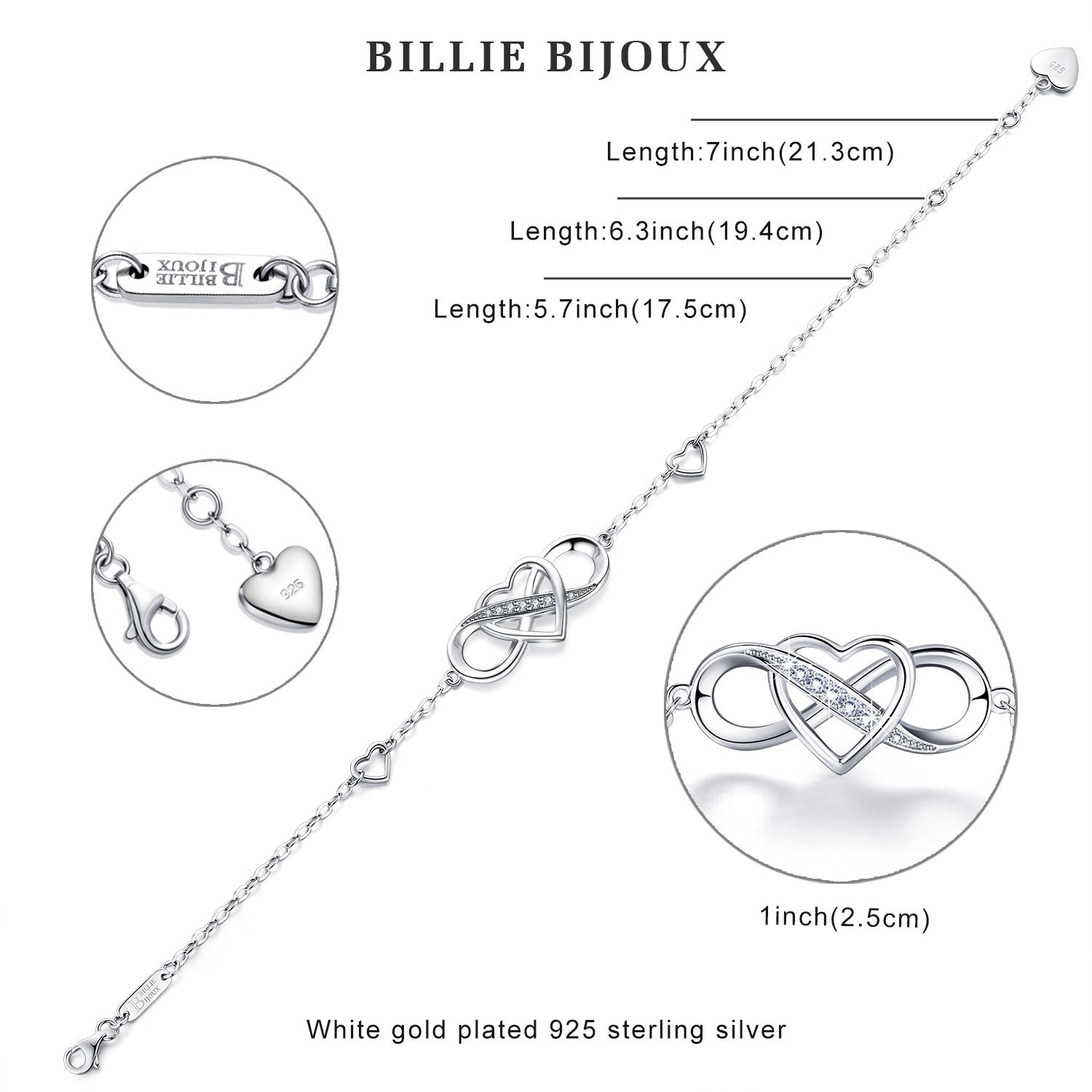 Billie Bijoux Women 925 Sterling Silver Infinity Bracelet Forever Love” Infinity Heart White Gold Plated Diamond Adjustable Bracelet Best Gifts